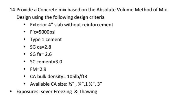 Solved Provide a Concrete mix based on the Absolute Volume | Chegg.com