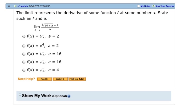 Solved The limit represents the derivative of some function | Chegg.com