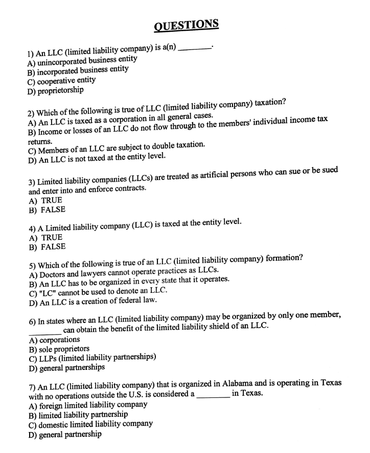 Solved An LLC (limited liability company) is a(n) ________ | Chegg.com