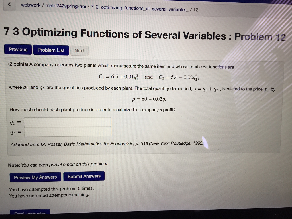 Solved webwork math242spring-frei 7 3 optimizing functions | Chegg.com