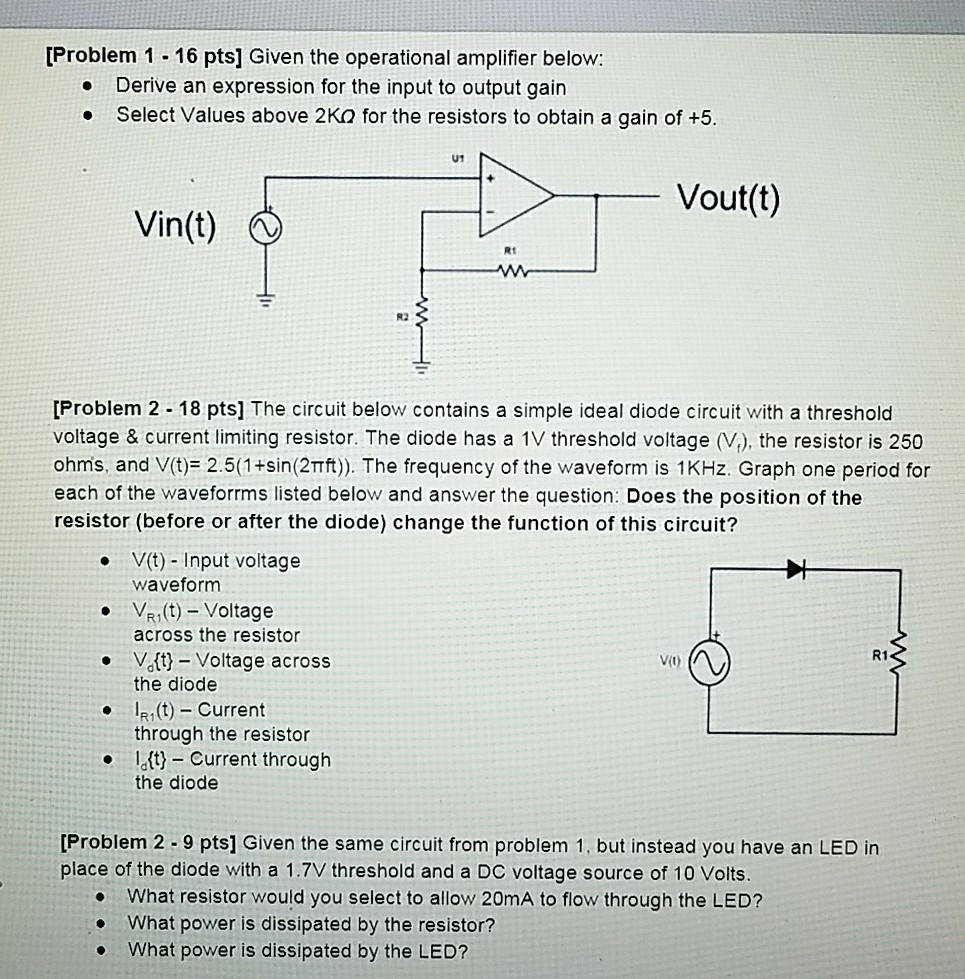 Solved [Problem 1 -16 pts] Given the operational amplifier | Chegg.com