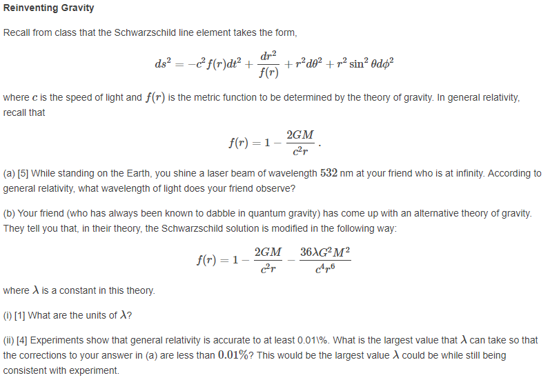Solved Reinventing Gravity Recall from class that the | Chegg.com
