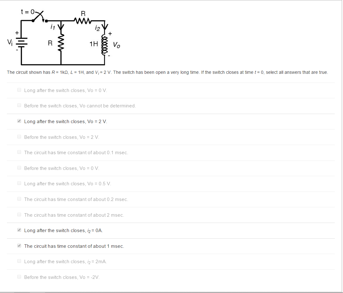 Solved The circuit shown has R = 1k?, L = 1H, and Vi = 2 V. | Chegg.com