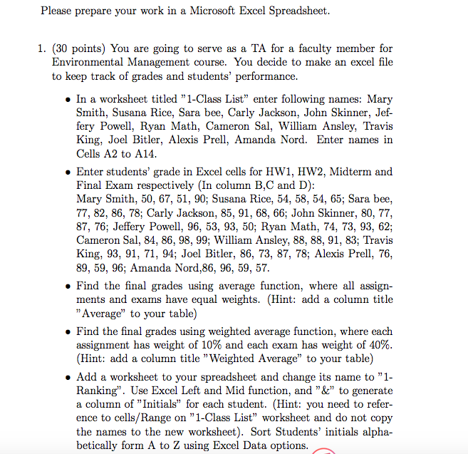 Solved Please prepare your work in a Microsoft Excel | Chegg.com