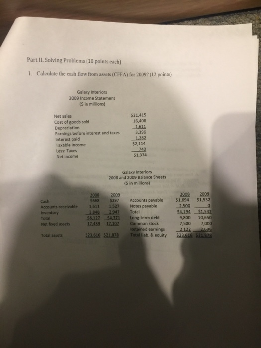 Solved Calculate the cash flow from assets (CFFA) for 2009? | Chegg.com