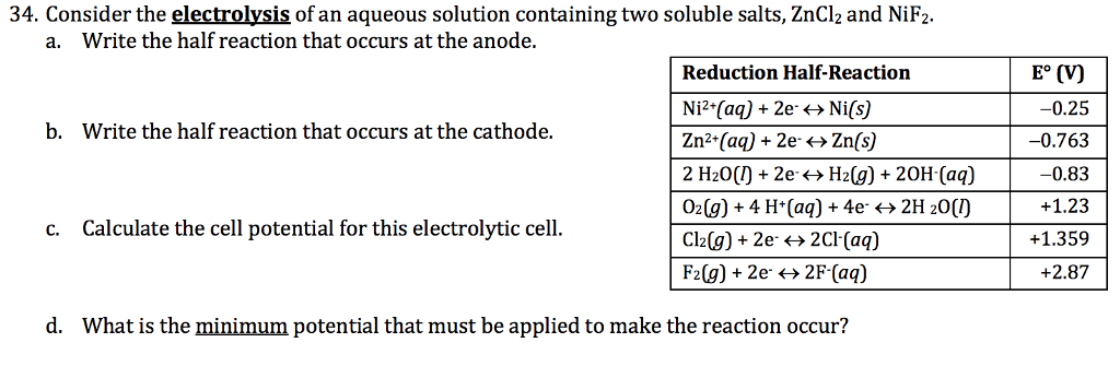 Solved 34. Consider the electrolysis of an aqueous solution | Chegg.com