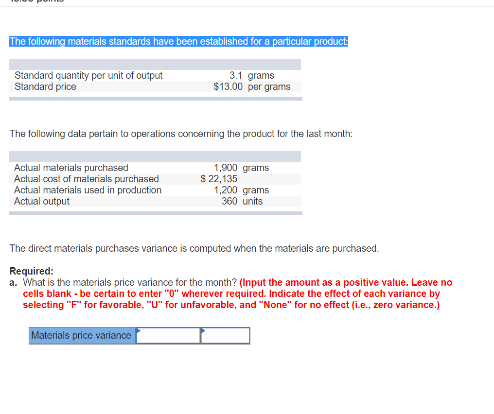 Solved The following materials standards have been | Chegg.com