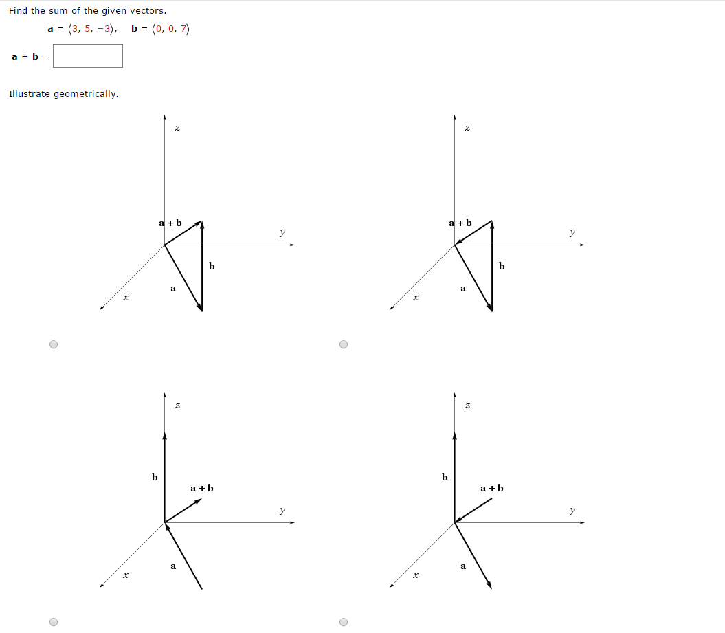 Solved Find the sum of the given vectors. a = (3, 5, -3), b | Chegg.com
