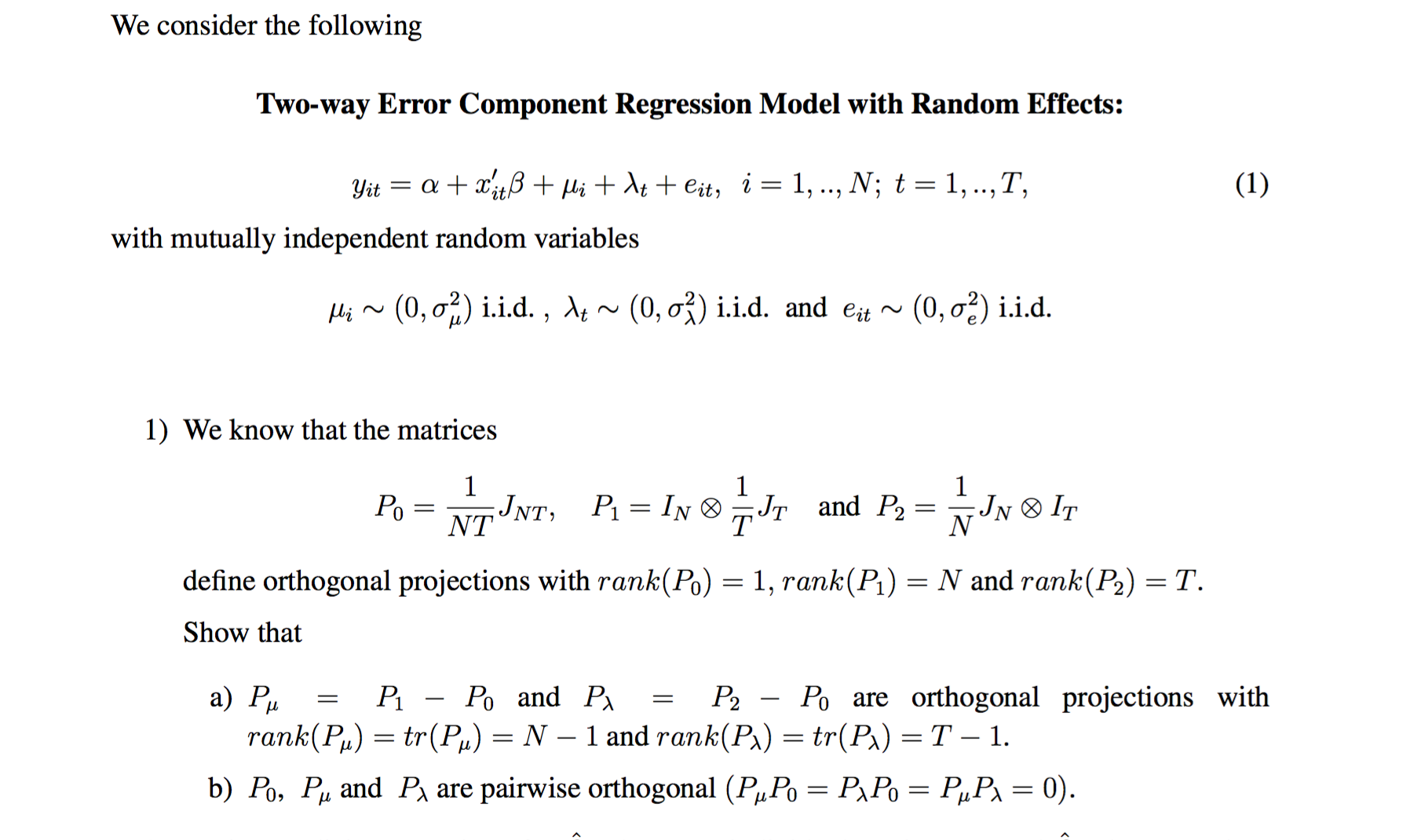 Solved We Consider The Following Two Way Error Component 