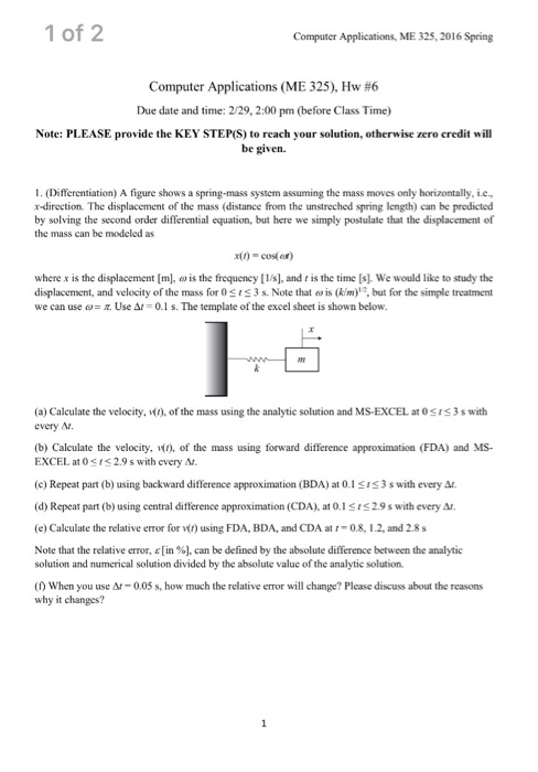 Solved 1 of 2 Computer Applications, ME 325, 2016 Spring | Chegg.com