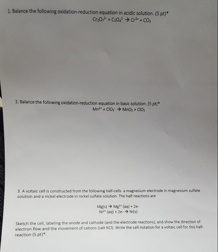 Solved 1. Balance the following oxidation-reduction equation | Chegg.com