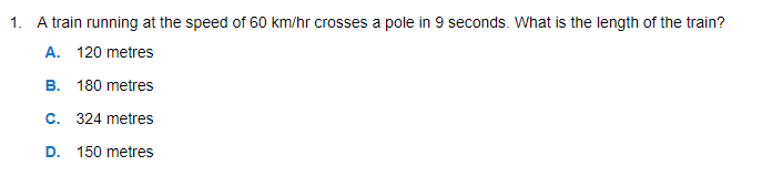 Solved 1. A train running at the speed of 60 km/hr crosses a | Chegg.com