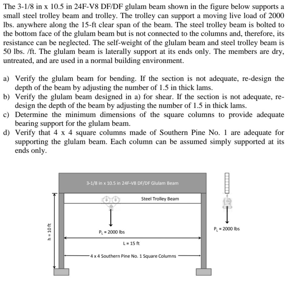 The 3-1/8 in x 10.5 in 24F-V8 DF/DF glulam beam shown | Chegg.com