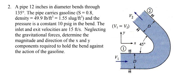 Solved 2. A pipe 12 inches in diameter bends through 135°. | Chegg.com