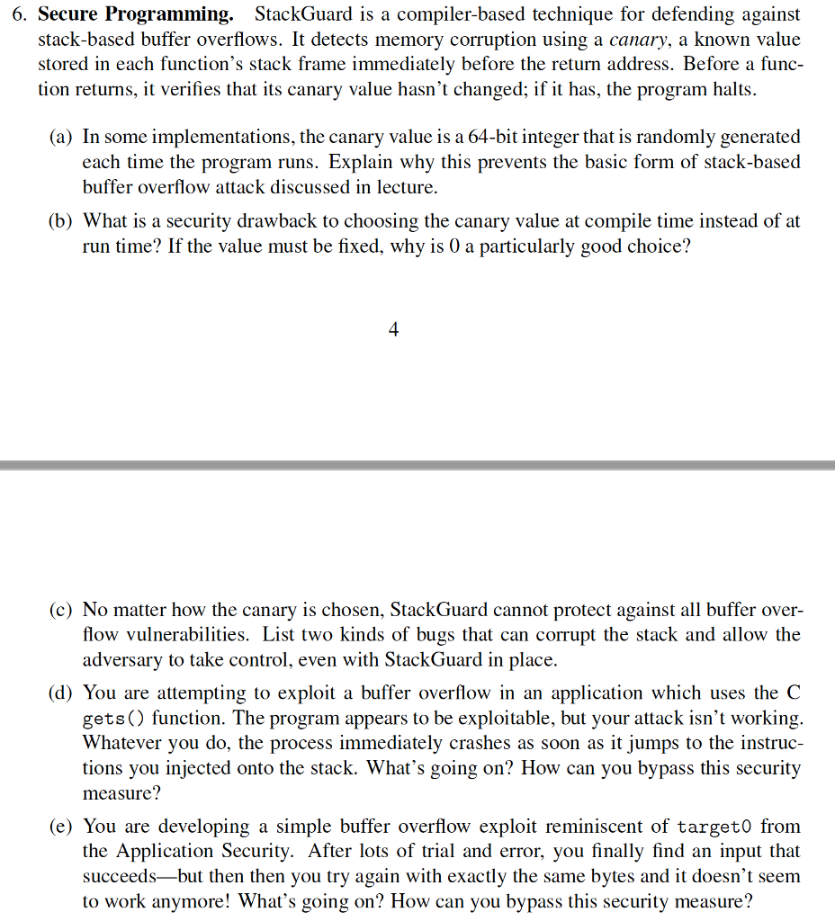 6. Secure Programming. StackGuard is a compiler-based | Chegg.com