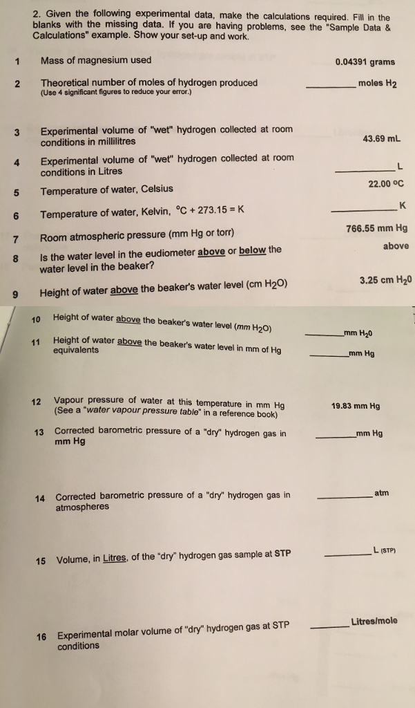 Solved 2. Given the following experimental data, make the | Chegg.com
