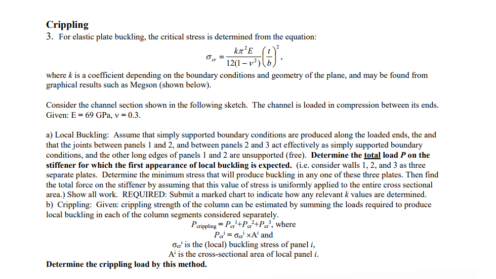 Solved Crippling 3. For elastic plate buckling, the critical | Chegg.com