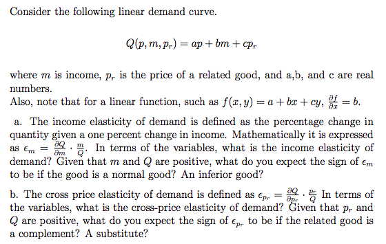 Solved Consider the following linear demand curve.Q(p, m, | Chegg.com