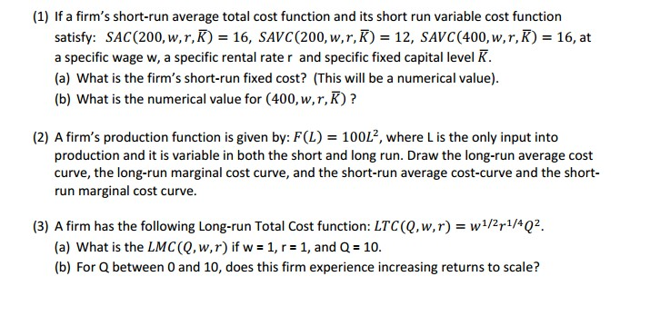 If a firm's short-run average total cost function and | Chegg.com