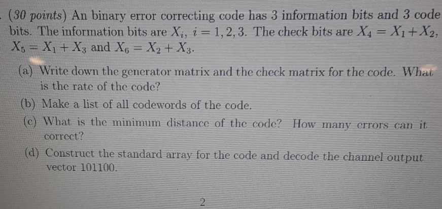 Solved 30 Points An Binary Error Correcting Code Has 3
