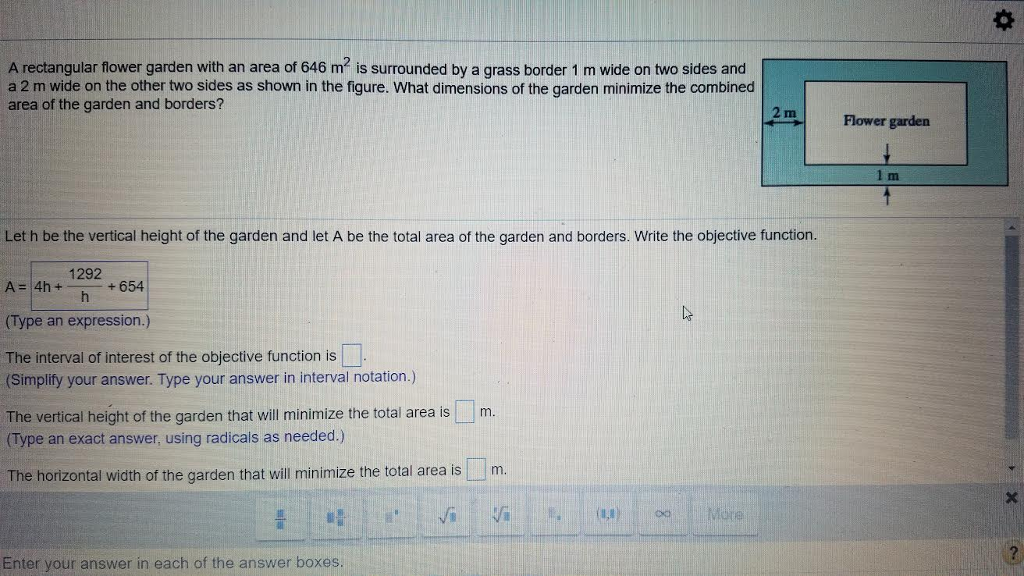 Solved A rectangular flower garden with an area of 646m^2 is | Chegg.com