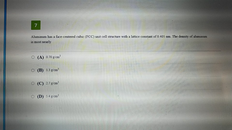 Solved 7 Aluminum has a face-centered cubic (FCC) unit cell | Chegg.com