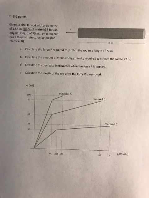 Solved 2. (35 points) Given: a circular rod with a diameter | Chegg.com