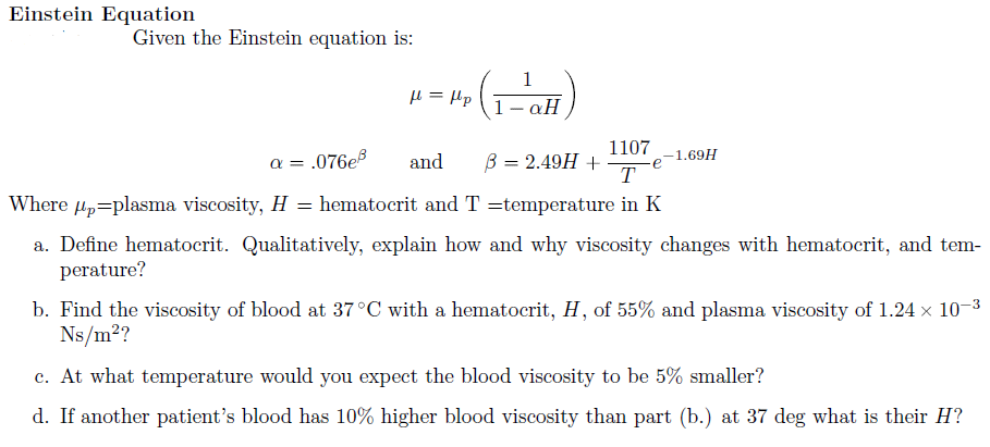 Given the Einstein equation is: mu = mu_p (1/1 - H) | Chegg.com