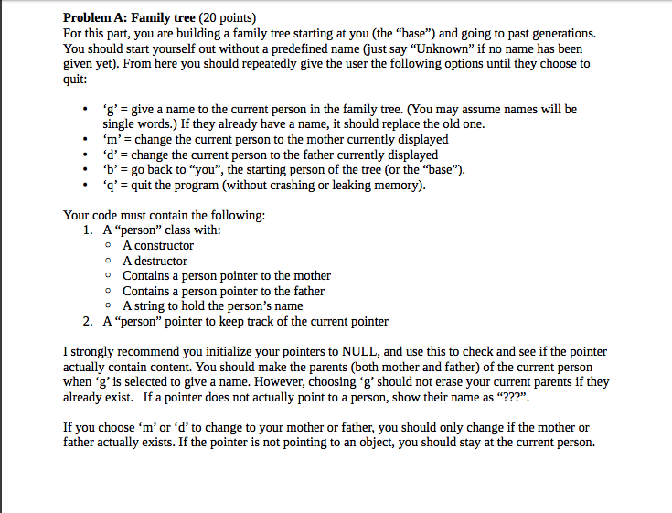 Solved Problem A: Family tree (20 points) For this part, you | Chegg.com