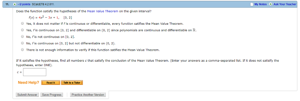 Solved Does the function satisfy the hypotheses of the Mean | Chegg.com