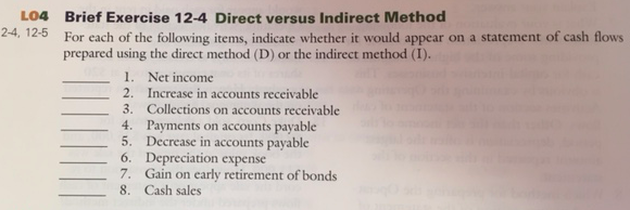 Solved L04 Brief Exercise 12-4 Direct versus Indirect Method | Chegg.com