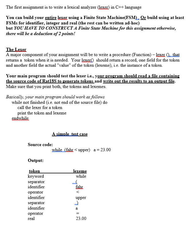 The first assignment is to write a lexical analyzer | Chegg.com