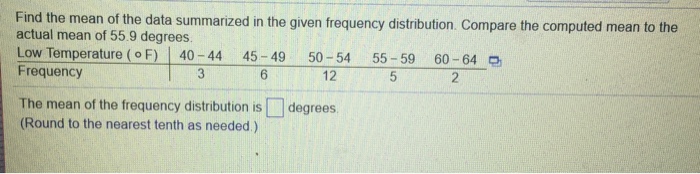 Solved Find the mean of the data summarized in the given | Chegg.com