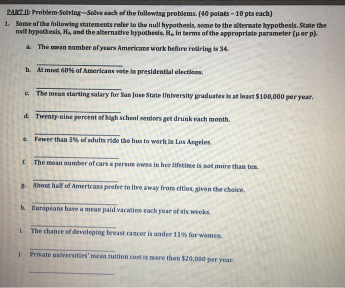 Solved Some of the following statements refer to the null | Chegg.com