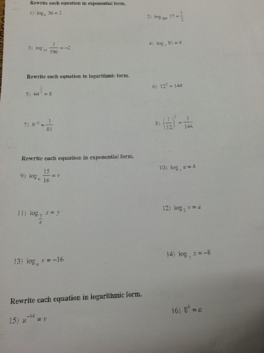 Solved Rewrite each equation in exponential form. log 2) log | Chegg.com