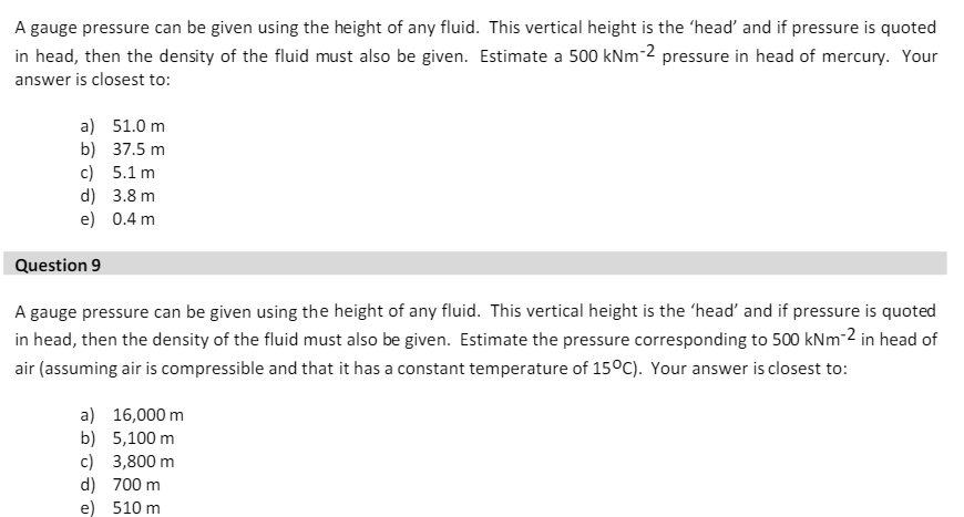 Solved A gauge pressure can be given using the height of any | Chegg.com