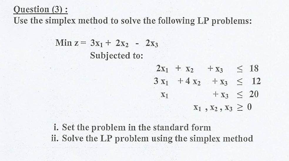Solved Question (3): Use the simplex method to solve the | Chegg.com