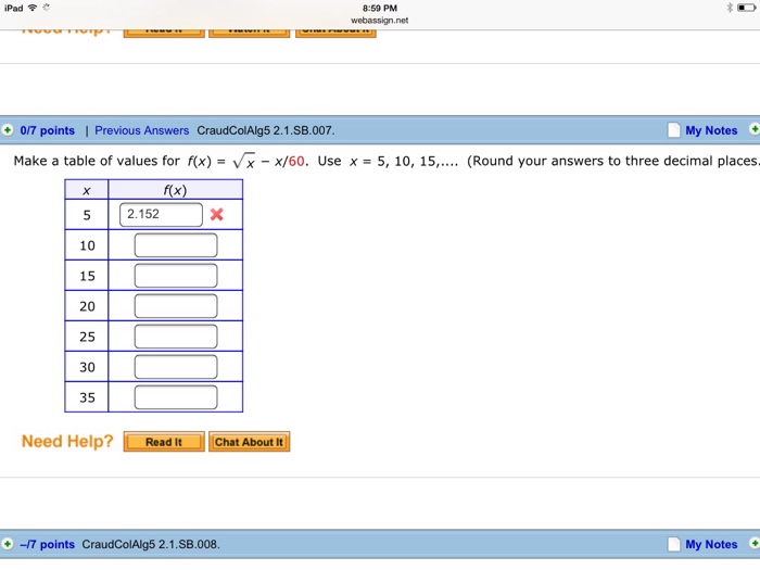 Solved Make a table of values for f(x) = - x/60. Use x = 5, | Chegg.com