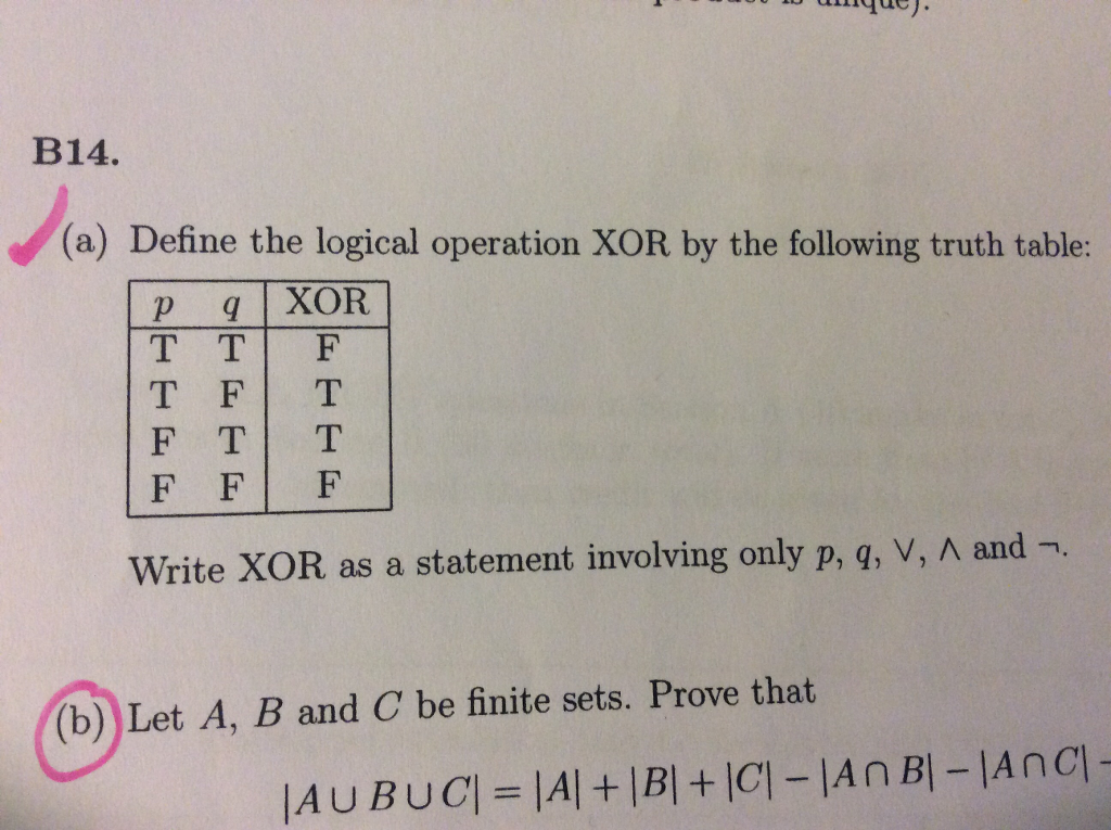 Solved Ulique B14 A Define The Logical Operation Xor By 