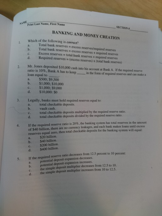 Solved NA Print Last Name, First Name SECTION N BANKING AND | Chegg.com
