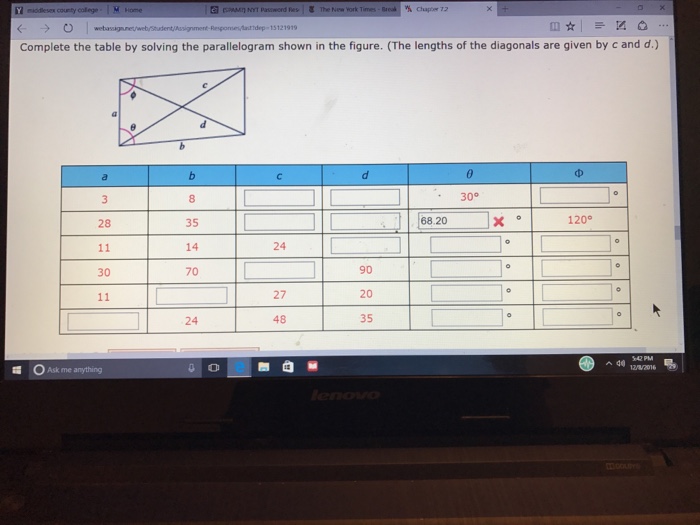 Solved Complete the table by solving the parallelogram shown | Chegg.com