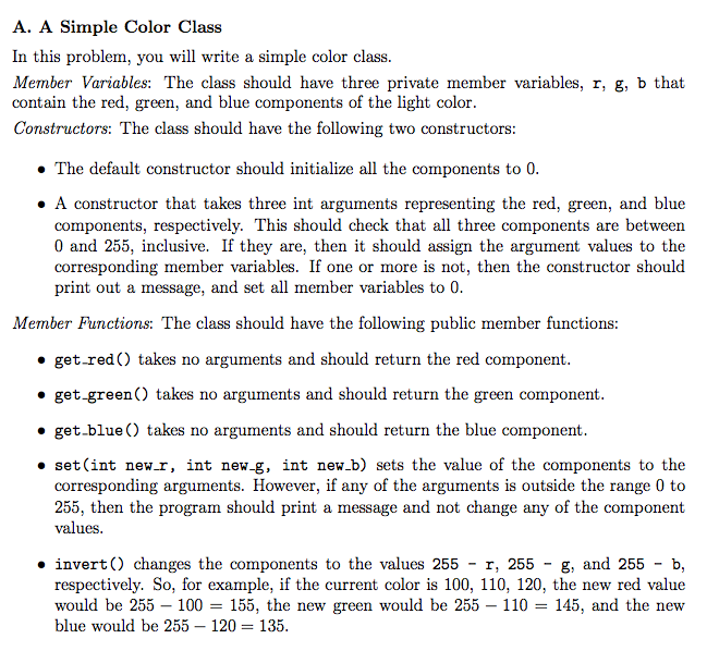 Solved A. A Simple Color Class In this problem, you will | Chegg.com