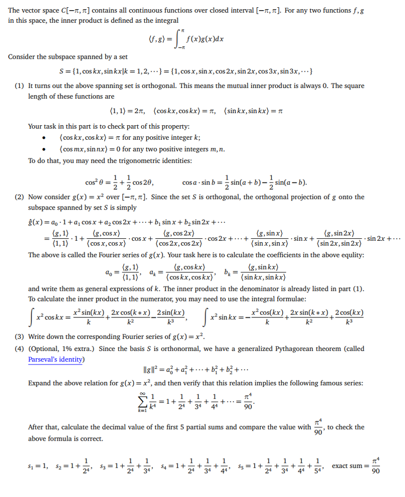 Solved The vector space C[-pi, pi] contains all continuous | Chegg.com