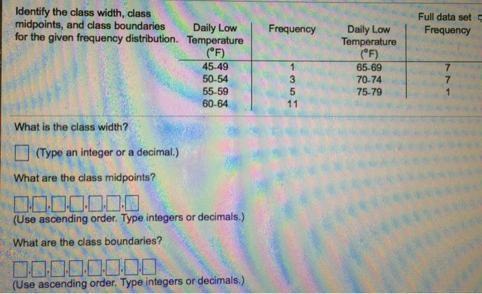 Solved Identify the class width, class midpoints, and class | Chegg.com