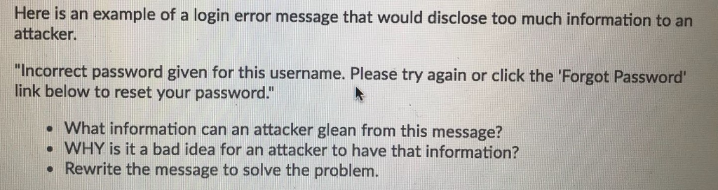 Solved Here is an example of a login error message that | Chegg.com