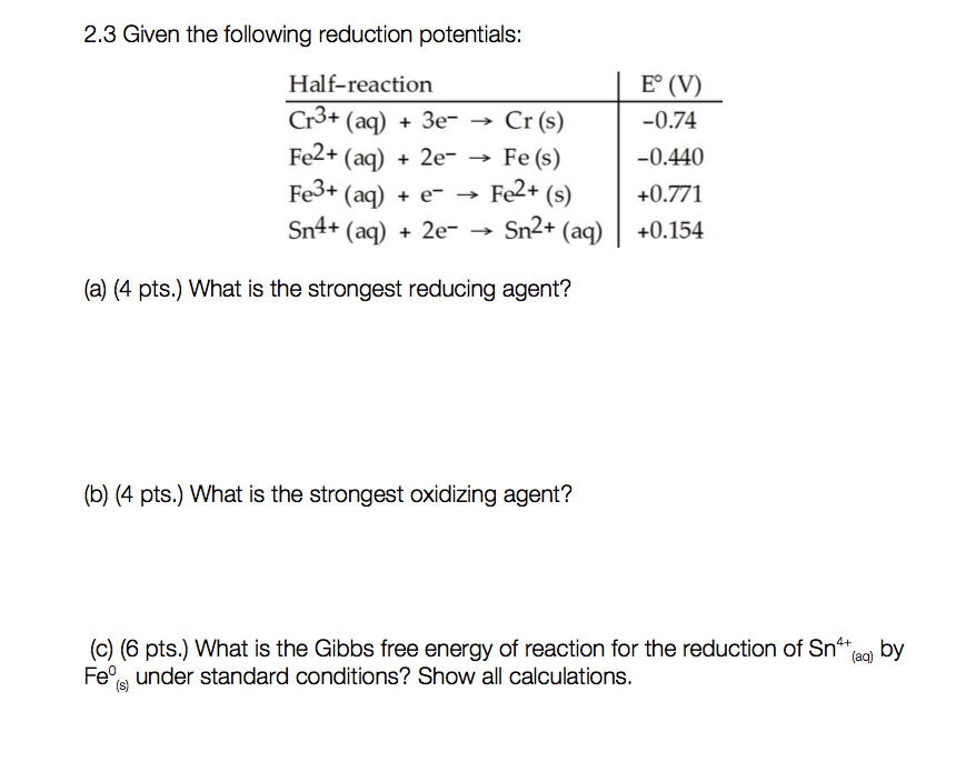Solved Given the following reduction potentials: (a) What | Chegg.com