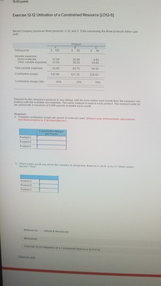 Solved 15.00 polnts Exercise 12-12 Utilization of a | Chegg.com
