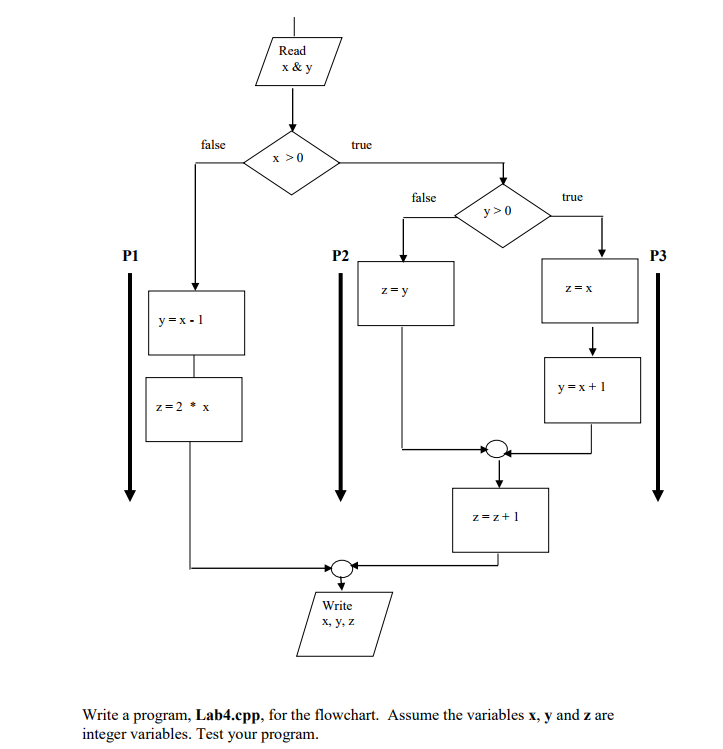 Solved Read x & y false truc x >0 false true P2 P3 z=x z=y | Chegg.com