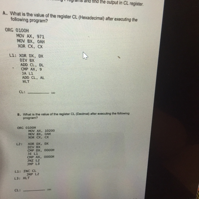 Solved What is the value of the register CL (Hexadecimal) | Chegg.com