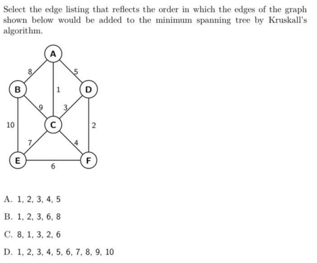 Solved Select The Edge Listing That Reflects The Order In 7623